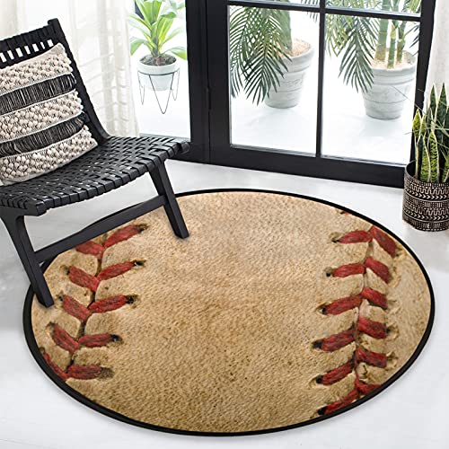 Pardick Baseball Rug 36.2 inch Circle Retro Rug Round Area Throw Rugs for Boys Men Bedroom Living Room Home Nursery Playroom Washable Sports Baseball Ball Room Decor 3ft Rugs Kids Gifts