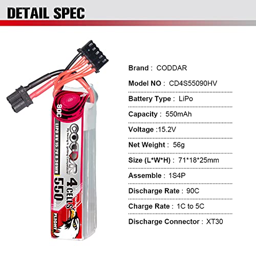 CODDAR 2 Packs 550mAh 4S 15.2V 90C HV LiPo Battery with XT30 Connector for RC Racing Drone FPV Quads Quadcoper Like Brushless Torrent 110 Beta FPV Beta 85X Whoop
