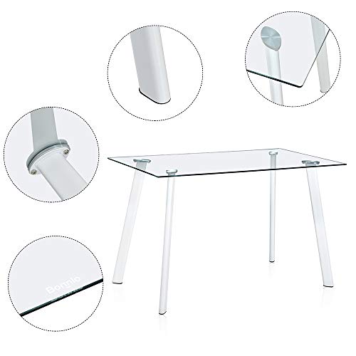 Bonnlo 5 Pieces Dining Table Set,Modern White Dining Room Table Set for 4,Small Kitchen Table and Chairs Set for 4,Glass Dinner Table Set with PU Leather Metal Frame Chairs,Clear&White