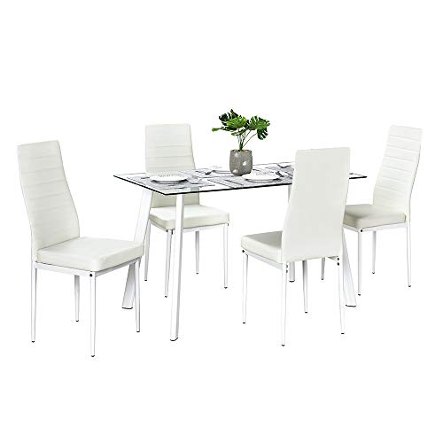 Bonnlo 5 Pieces Dining Table Set,Modern White Dining Room Table Set for 4,Small Kitchen Table and Chairs Set for 4,Glass Dinner Table Set with PU Leather Metal Frame Chairs,Clear&White