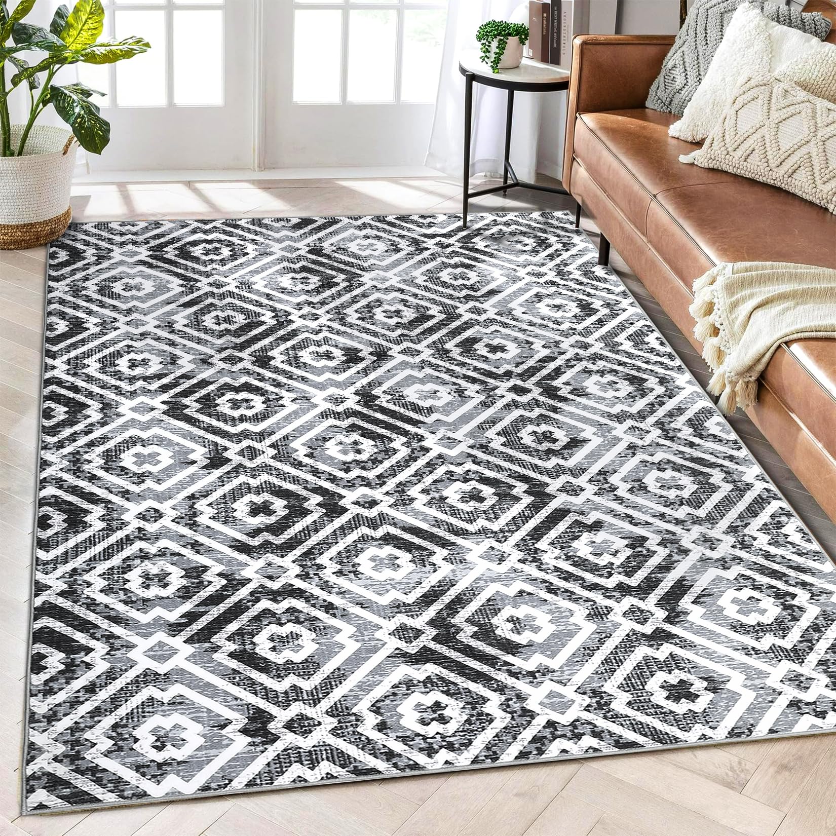 IMINROME Machine Washable 9x12 Area Rug Modern Large Rug Grey Modern Geometric Bedroom Living Room Throw Rug Non-Slip Distressed Dining Room Nursery Mat Non-Shedding Floor Accent Carpet