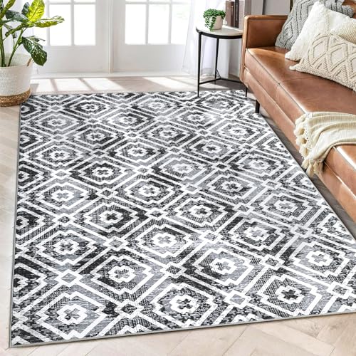 IMINROME Machine Washable 9x12 Area Rug Modern Large Rug Grey Modern Geometric Bedroom Living Room Throw Rug Non-Slip Distressed Dining Room Nursery Mat Non-Shedding Floor Accent Carpet