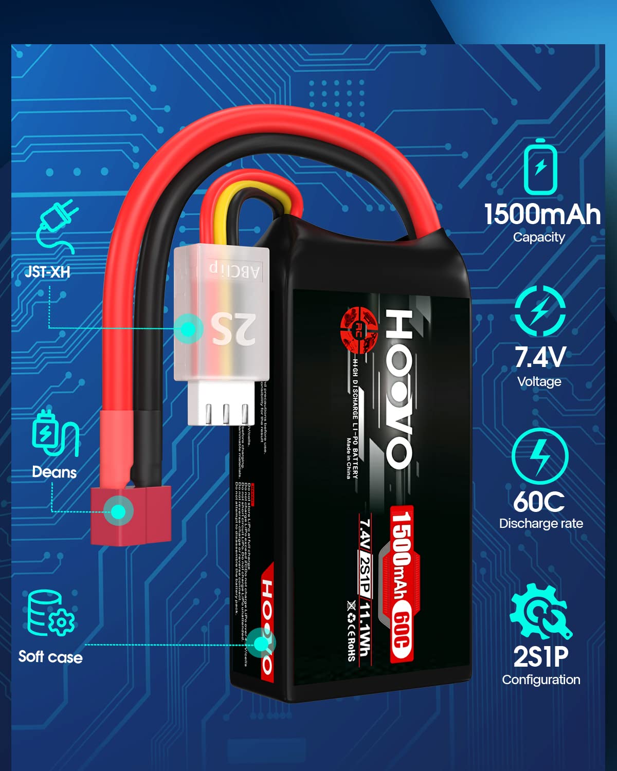 HOOVO 2S 7.4V 1500mAh 60C RC Lipo Battery Pack with Deans T Connector for RC Boat Truck RC Helicopter Airplane Quadcopter UAV Drone FPV Racing Hobby Models(2 Packs)