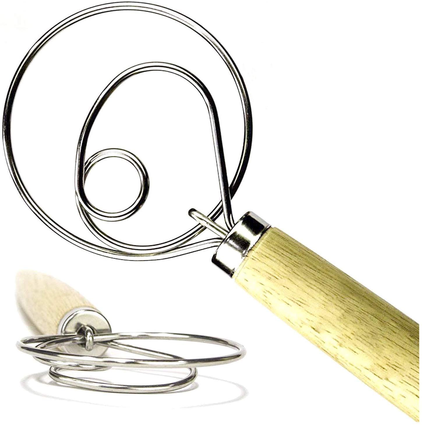 2 Pack LARGE 13.5" Premium Original Danish Dough Whisk Dutch Bread Whisk- Stainless Steel Dutch Style Bread Dough Hand Mixer Wooden Handle Artisian Blender