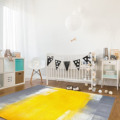 KITHOME Contemporary Non-Slip Area Rug Grey and Yellow Abstract Art Texute Printed Rugs Art Carnival Rubber Backing Living Room Floor Mats Rectangle Area Rug Carpet for Indoor 2'x3'