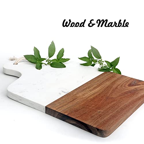 Azauvc Cutting Board with Marble and Natural Wood,Serving Board for Steak Fruits with Handle,Chopping Board for Bread as Serving Trays (White)