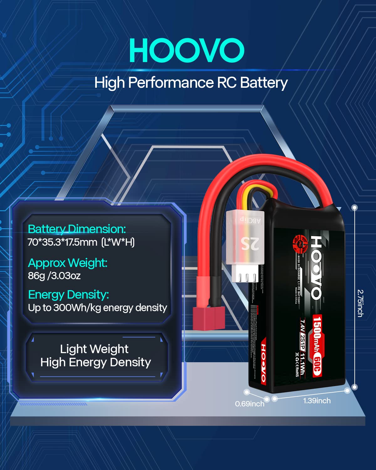 HOOVO 2S 7.4V 1500mAh 60C RC Lipo Battery Pack with Deans T Connector for RC Boat Truck RC Helicopter Airplane Quadcopter UAV Drone FPV Racing Hobby Models(2 Packs)