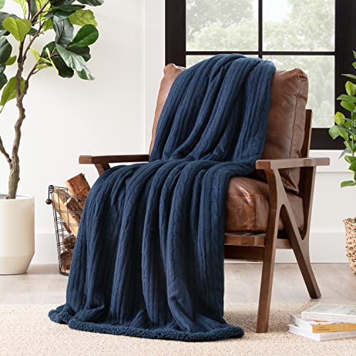 Chanasya Navy Blue Soft Cable Knit Throw Blanket - Fluffy Sherpa Plush Thick Warm Lightweight Cozy Modern Dark Blue Knitted Blankets - for Sofa Couch Living Room and Bed Room (50x65 Inches) - Blue