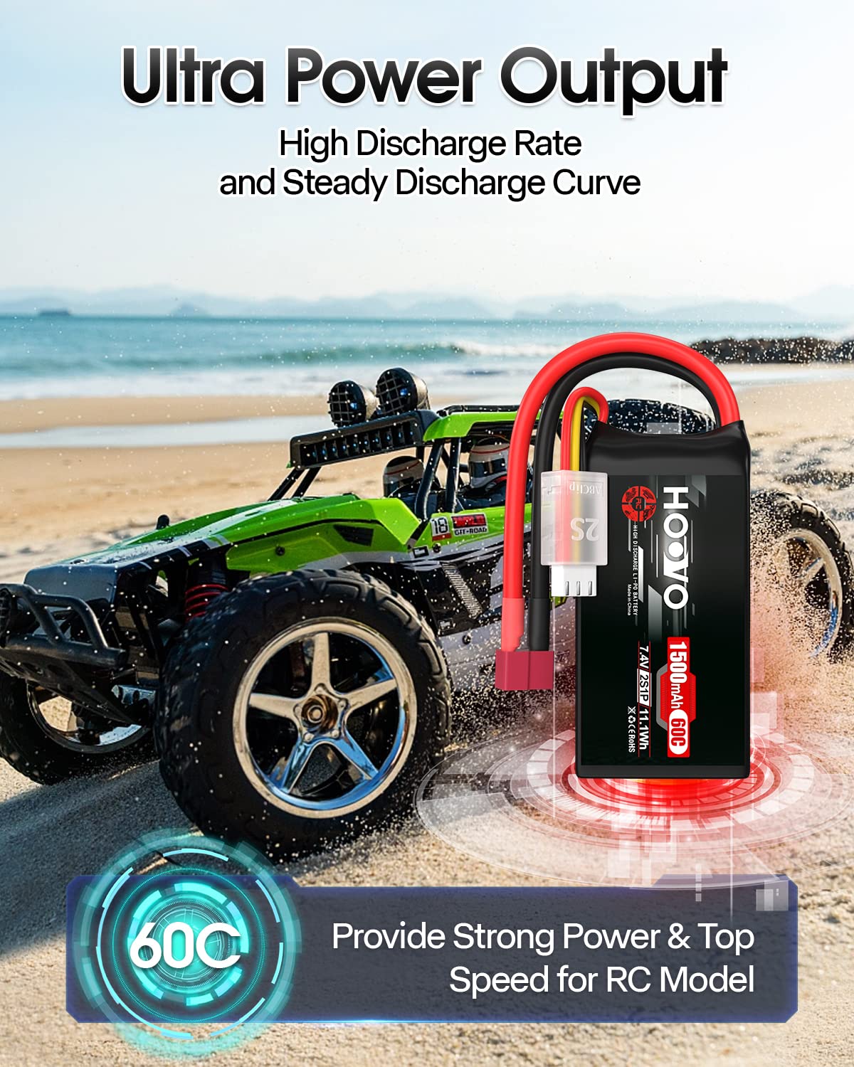 HOOVO 2S 7.4V 1500mAh 60C RC Lipo Battery Pack with Deans T Connector for RC Boat Truck RC Helicopter Airplane Quadcopter UAV Drone FPV Racing Hobby Models(2 Packs)