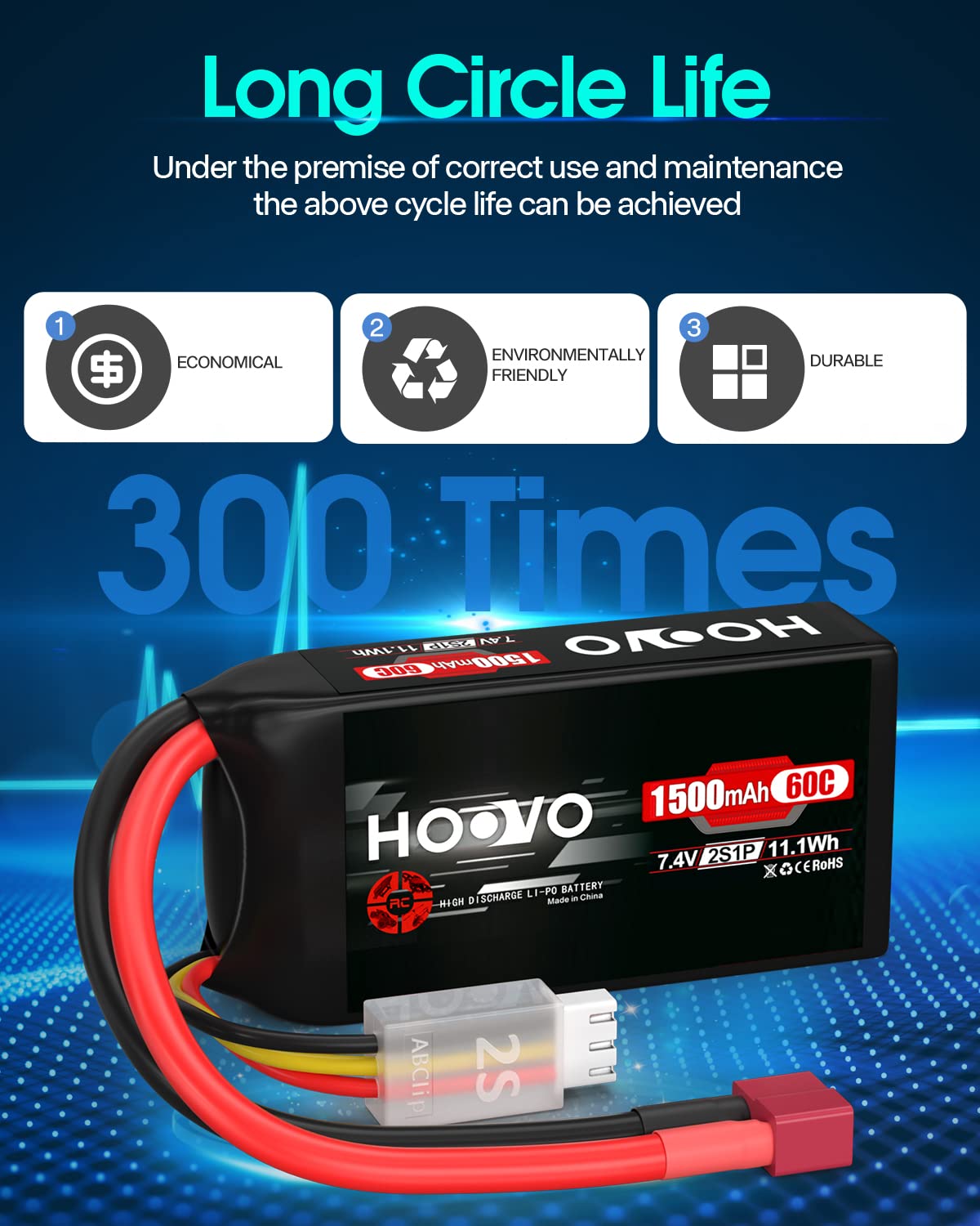 HOOVO 2S 7.4V 1500mAh 60C RC Lipo Battery Pack with Deans T Connector for RC Boat Truck RC Helicopter Airplane Quadcopter UAV Drone FPV Racing Hobby Models(2 Packs)