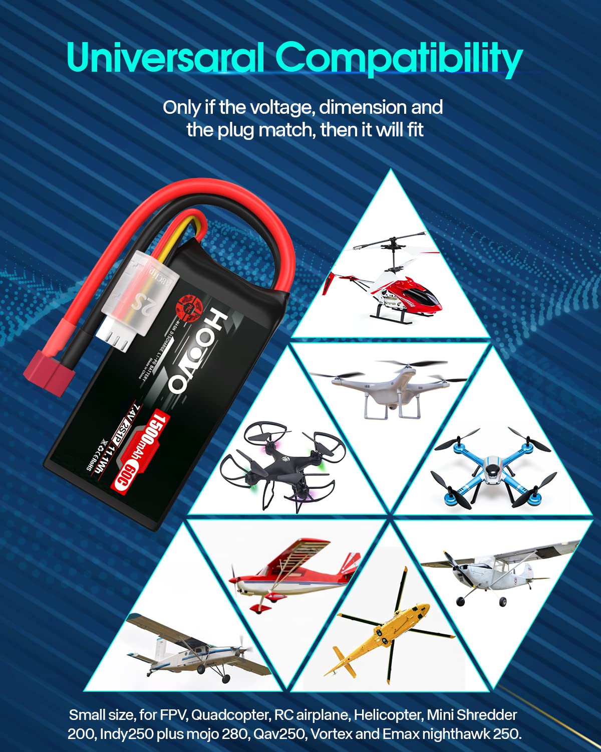HOOVO 2S 7.4V 1500mAh 60C RC Lipo Battery Pack with Deans T Connector for RC Boat Truck RC Helicopter Airplane Quadcopter UAV Drone FPV Racing Hobby Models(2 Packs)