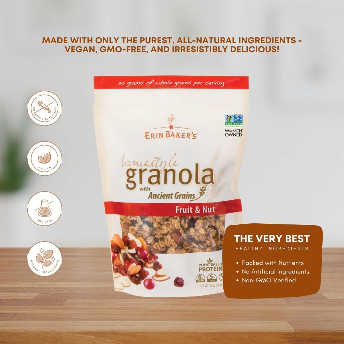 Erin Baker's Homestyle Granola, Fruit & Nut, Ancient Grains, Vegan, Non-GMO, Cereal, 12 Ounce (Pack of 6)