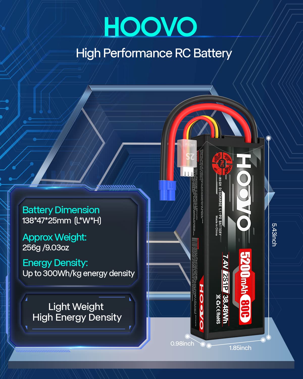 HOOVO 7.4V 5200mAh 80C 2S Lipo Battery Hard Case with EC3 Plug for Popular RC Car RC Helicopter Quadcopter UAV Drone FPV Tracxas Slash Buggy Team Associated(2 Packs)