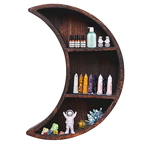 Ubrand Moon Shelf Room Decor,Crystal Shelf, Reversible Wooden Essential Oil Shelf,Wall Mounted Floating Shelves,Burnt Color Crystal Jewelry Holder
