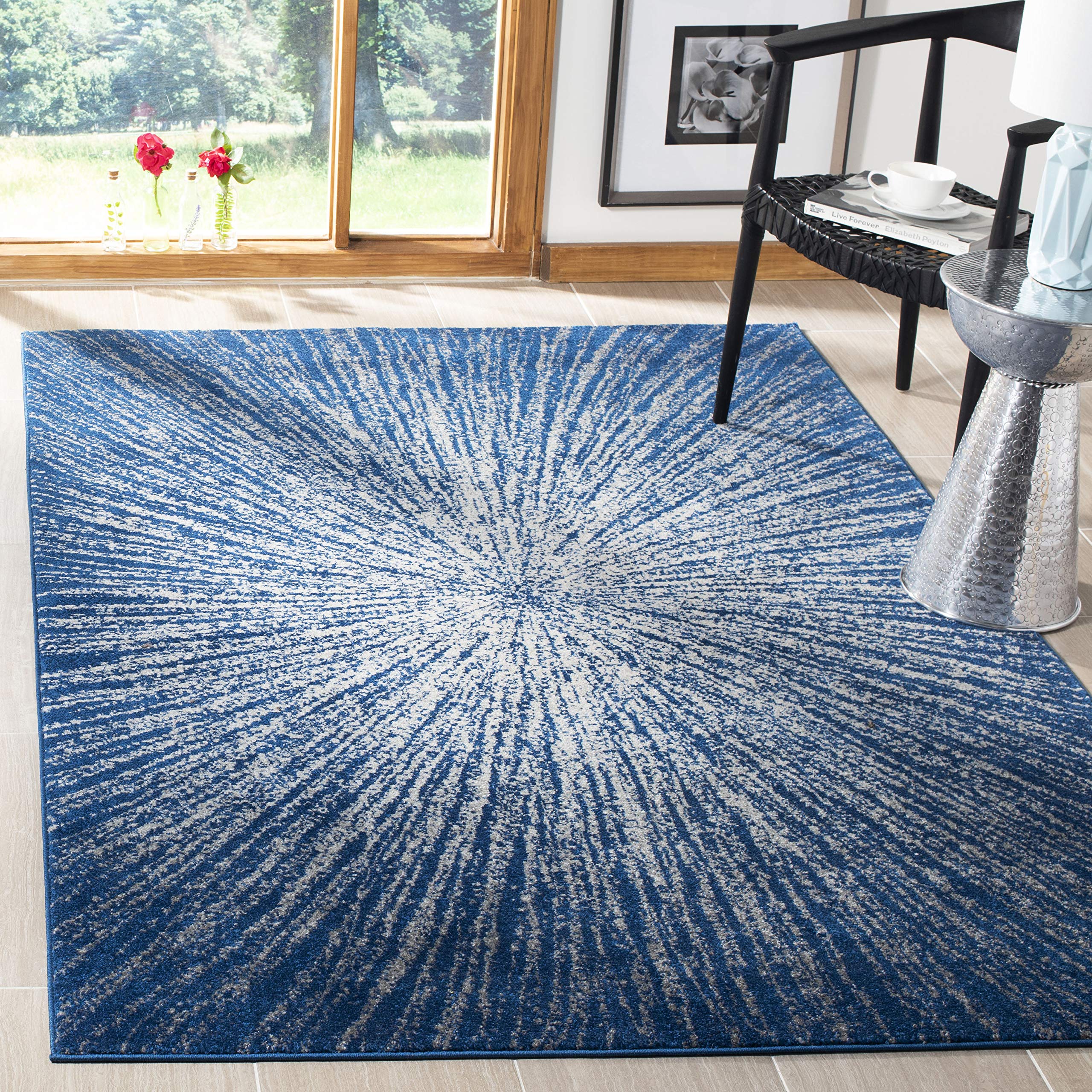 SAFAVIEH Evoke Collection Area Rug - 9' x 12', Navy & Ivory, Abstract Burst Design, Non-Shedding & Easy Care, Ideal for High Traffic Areas in Living Room, Bedroom (EVK228N)