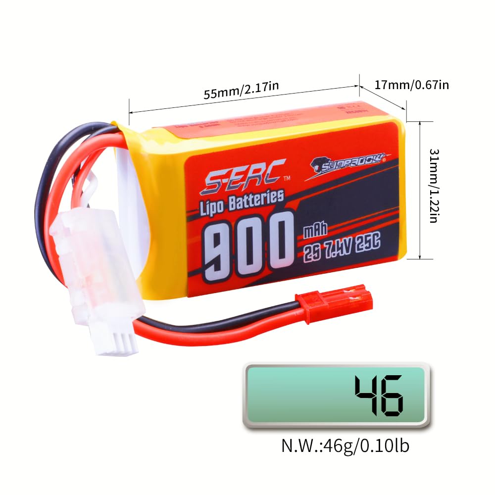 SUNPADOW 7.4V 2S RC Small Lipo Battery 25C 900mAh with JST Connector Rechargeable for RC Airplane Receiver Aircraft Quadcopter Helicopter Drone FPV (2 Count)