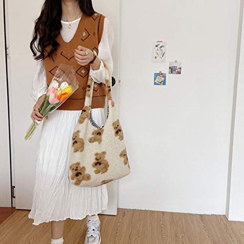 DIGOGO Cute Bear Plush Tote Handbag Faux Fur Fluffy Shoulder Bag Large Lamb Wool Shopping School Bag