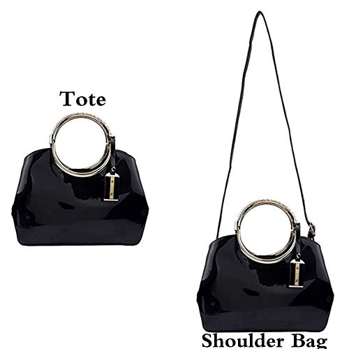 Rullar Women Elegant Handbag and Purse Top Handle Bag Patent Leather Tote Satchel Shoulder Clutch Crossbody Bag with Pendant Black