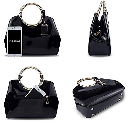 Rullar Women Elegant Handbag and Purse Top Handle Bag Patent Leather Tote Satchel Shoulder Clutch Crossbody Bag with Pendant Black