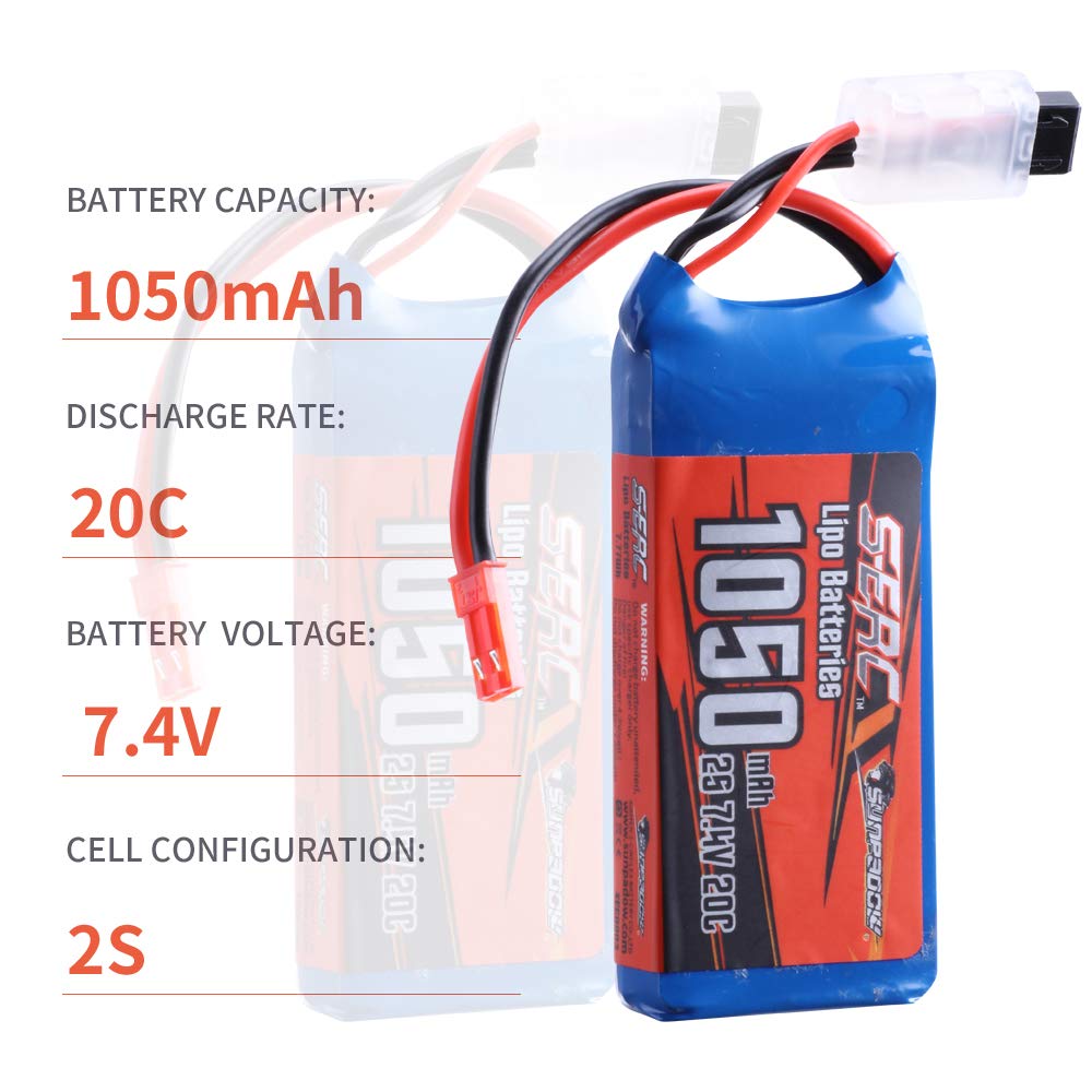 SUNPADOW 2S Mini Lipo Battery 7.4V 20C 1050mAh with JST Plug for RC Airplane Aircraft Quadcopter Helicopter Drone FPV