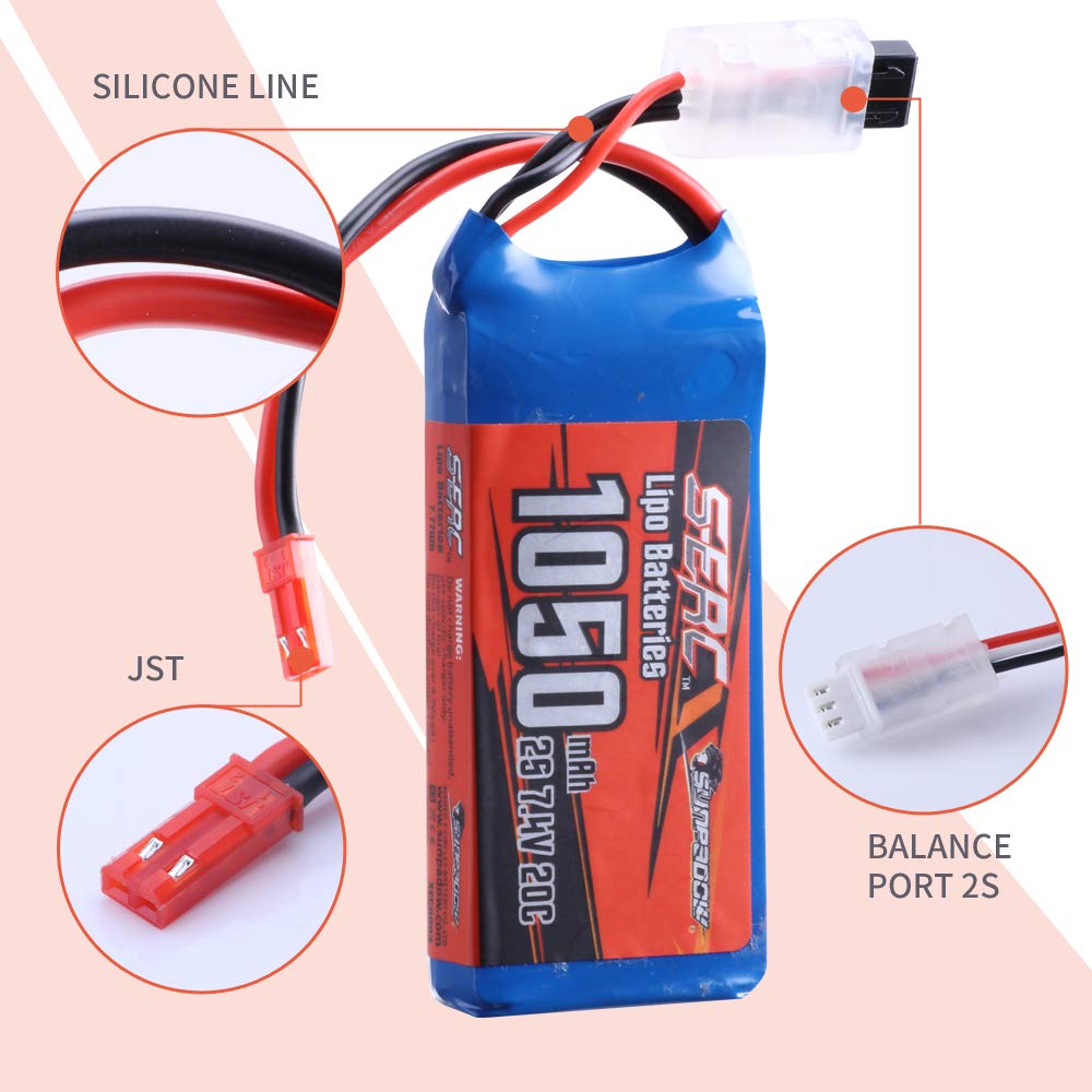 SUNPADOW 2S Mini Lipo Battery 7.4V 20C 1050mAh with JST Plug for RC Airplane Aircraft Quadcopter Helicopter Drone FPV