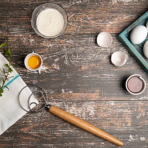 Sofease The Original Danish Dough Whisk - 304 Stainless Steel Ring Nonstick Dutch Whisk for Dough - Long Wooden Danish Dough Whisker Bread Mixer Handle Bundle with Flexible Plastic Scraper Cutter
