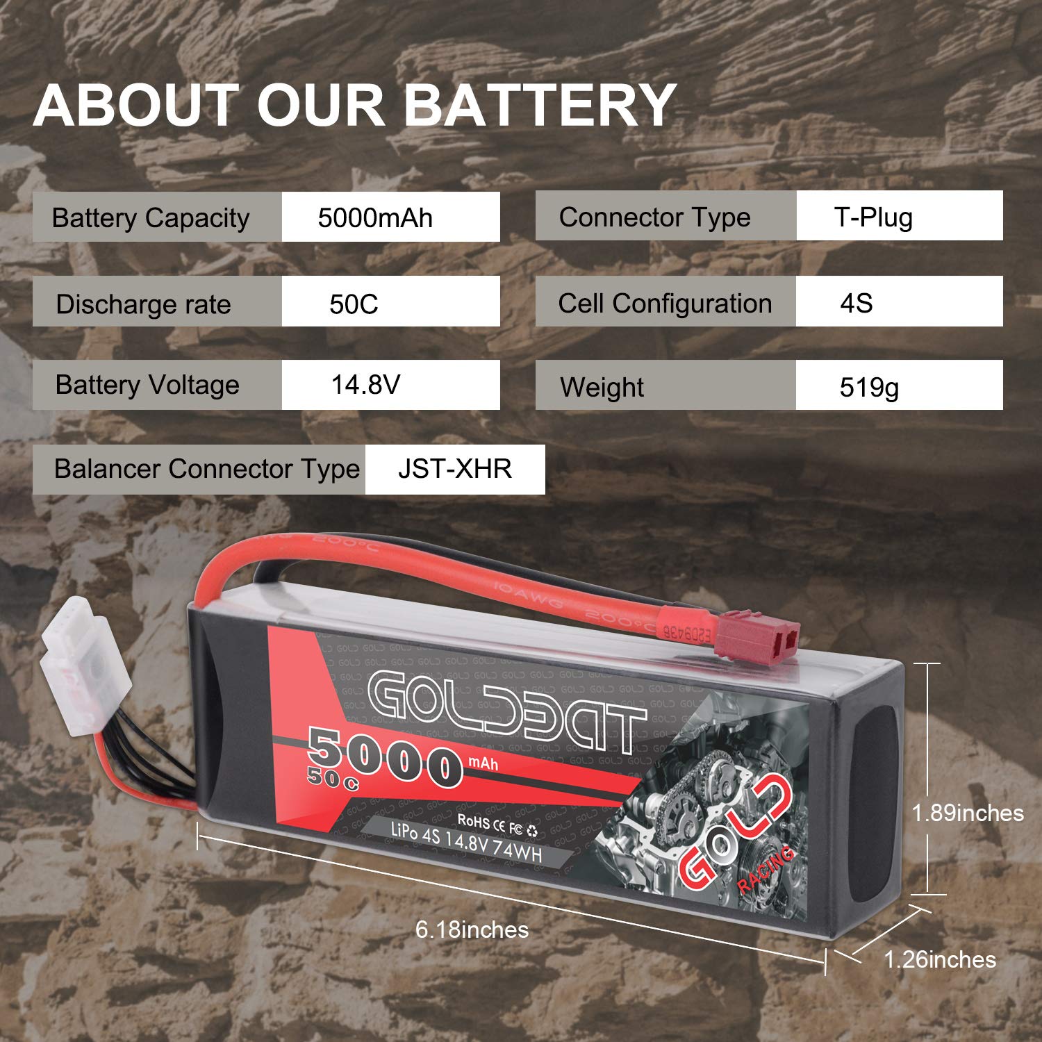 GOLDBAT 4S 5000mAh 14.8V 50C LiPo RC Battery with Deans Plug and Tracxas Connector Softcase for RC Evader BX Car RC Truck RC Truggy RC Heli Airplane Drone FPV Racing