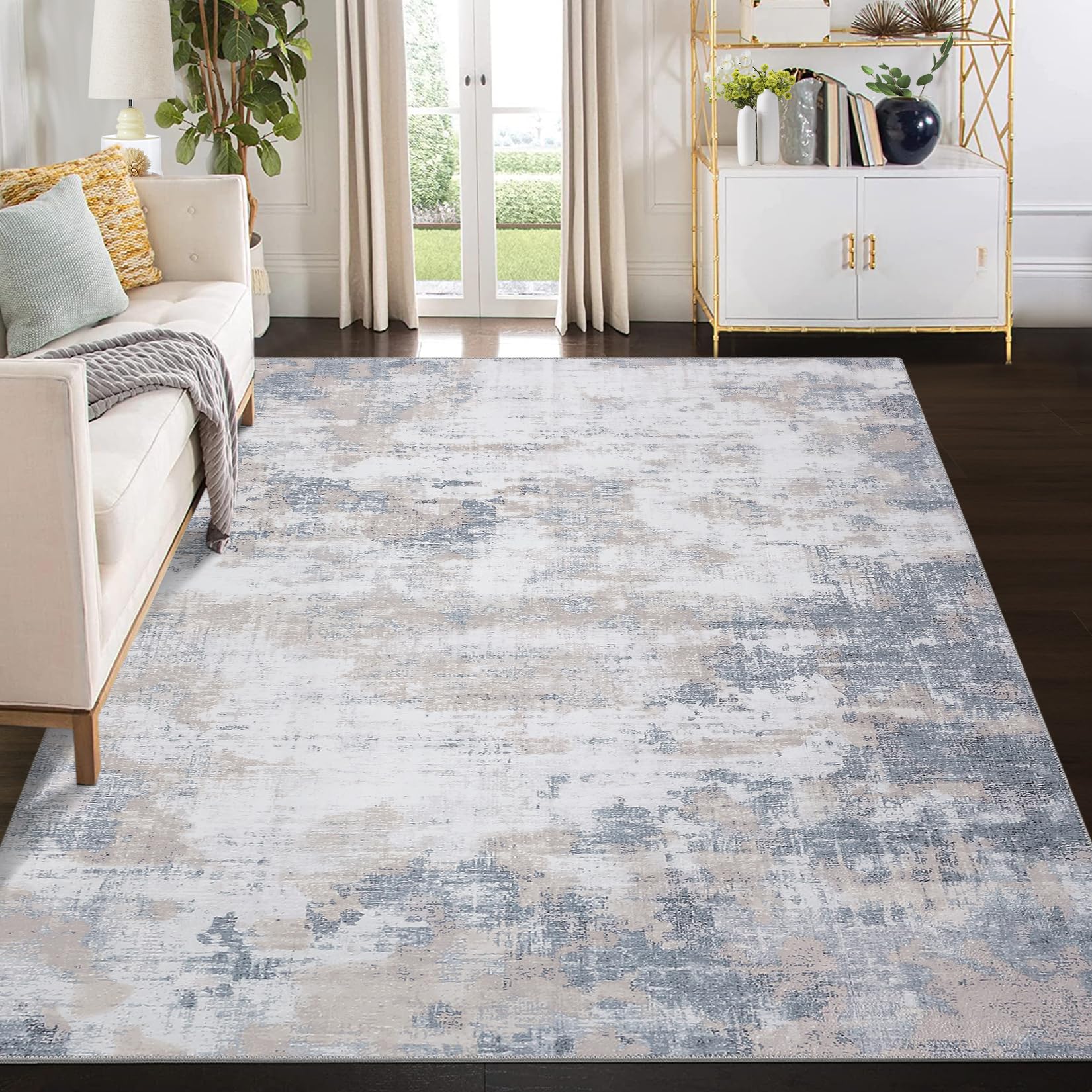 ROYHOME 9x12 Area Rug Large Machine Washable Modern Abstract Area Rug Contemporary Stain Resistant Non-Slip Accent Rug Foldable Floor Cover Carpet Rug for Living Room Bedroom Home Decor, Grey/Taupe