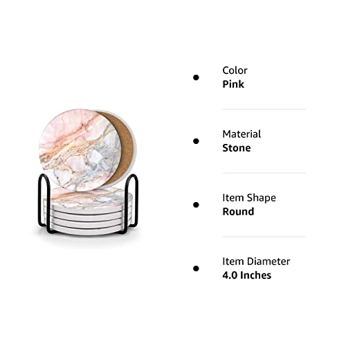 Britimes Coasters for Drinks Absorbent with Metal Holder Stand, Ceramic Stone Coaster Sets of 6, Marble Style Coaster for Coffee Wooden Table, Housewarming Gift Pink