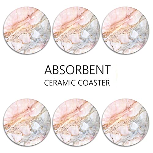 Britimes Coasters for Drinks Absorbent with Metal Holder Stand, Ceramic Stone Coaster Sets of 6, Marble Style Coaster for Coffee Wooden Table, Housewarming Gift Pink