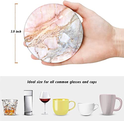 Britimes Coasters for Drinks Absorbent with Metal Holder Stand, Ceramic Stone Coaster Sets of 6, Marble Style Coaster for Coffee Wooden Table, Housewarming Gift Pink