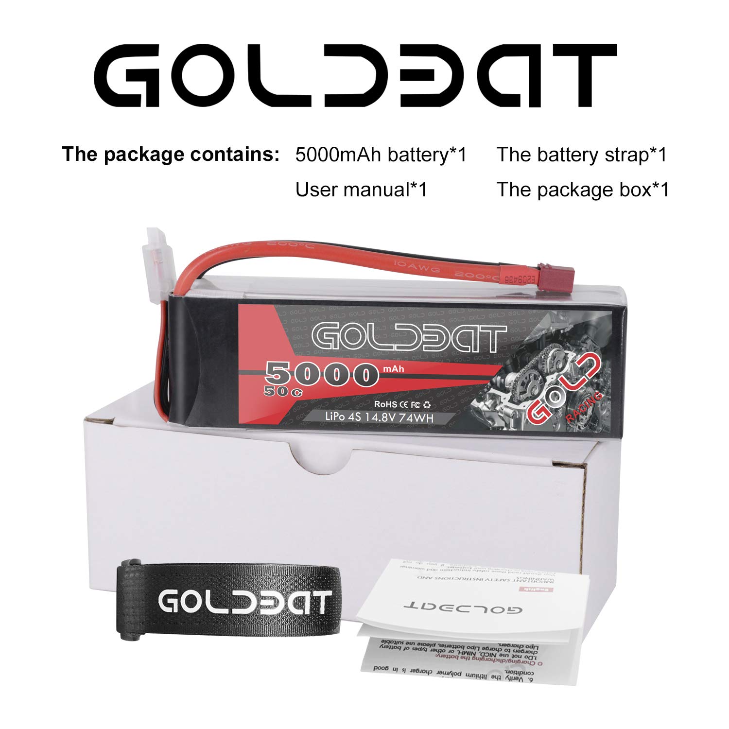 GOLDBAT 4S 5000mAh 14.8V 50C LiPo RC Battery with Deans Plug and Tracxas Connector Softcase for RC Evader BX Car RC Truck RC Truggy RC Heli Airplane Drone FPV Racing