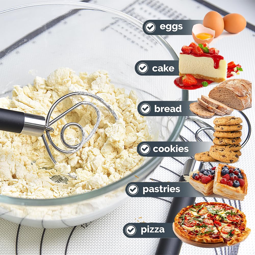 Guowall Stainless Steel Dough Whisk for Dutch Bread with Rubber Anti-Slip Handle 12 inch Dough Blender Mixer Baking Tools for Cake Bread Pizza Pastry Biscuits