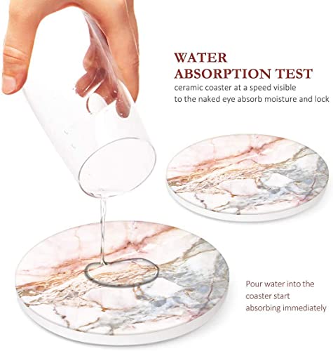 Britimes Coasters for Drinks Absorbent with Metal Holder Stand, Ceramic Stone Coaster Sets of 6, Marble Style Coaster for Coffee Wooden Table, Housewarming Gift Pink