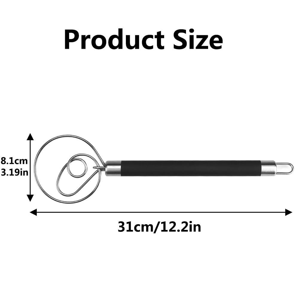 Guowall Stainless Steel Dough Whisk for Dutch Bread with Rubber Anti-Slip Handle 12 inch Dough Blender Mixer Baking Tools for Cake Bread Pizza Pastry Biscuits