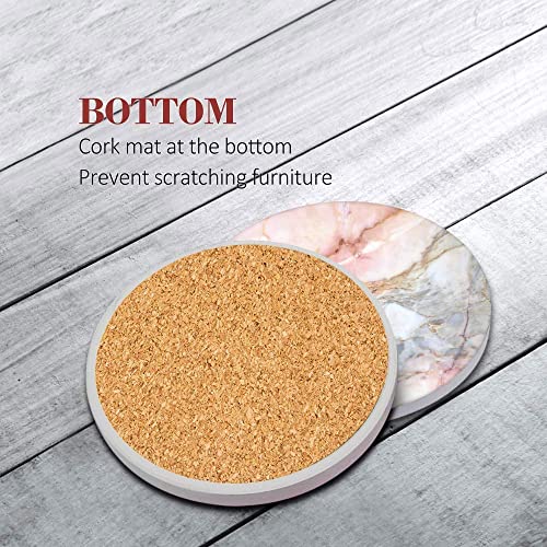 Britimes Coasters for Drinks Absorbent with Metal Holder Stand, Ceramic Stone Coaster Sets of 6, Marble Style Coaster for Coffee Wooden Table, Housewarming Gift Pink