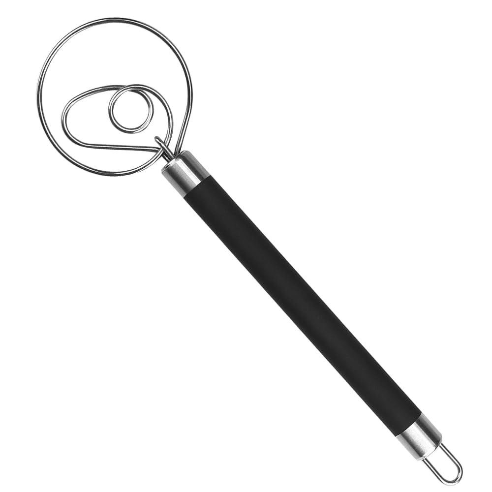 Guowall Stainless Steel Dough Whisk for Dutch Bread with Rubber Anti-Slip Handle 12 inch Dough Blender Mixer Baking Tools for Cake Bread Pizza Pastry Biscuits