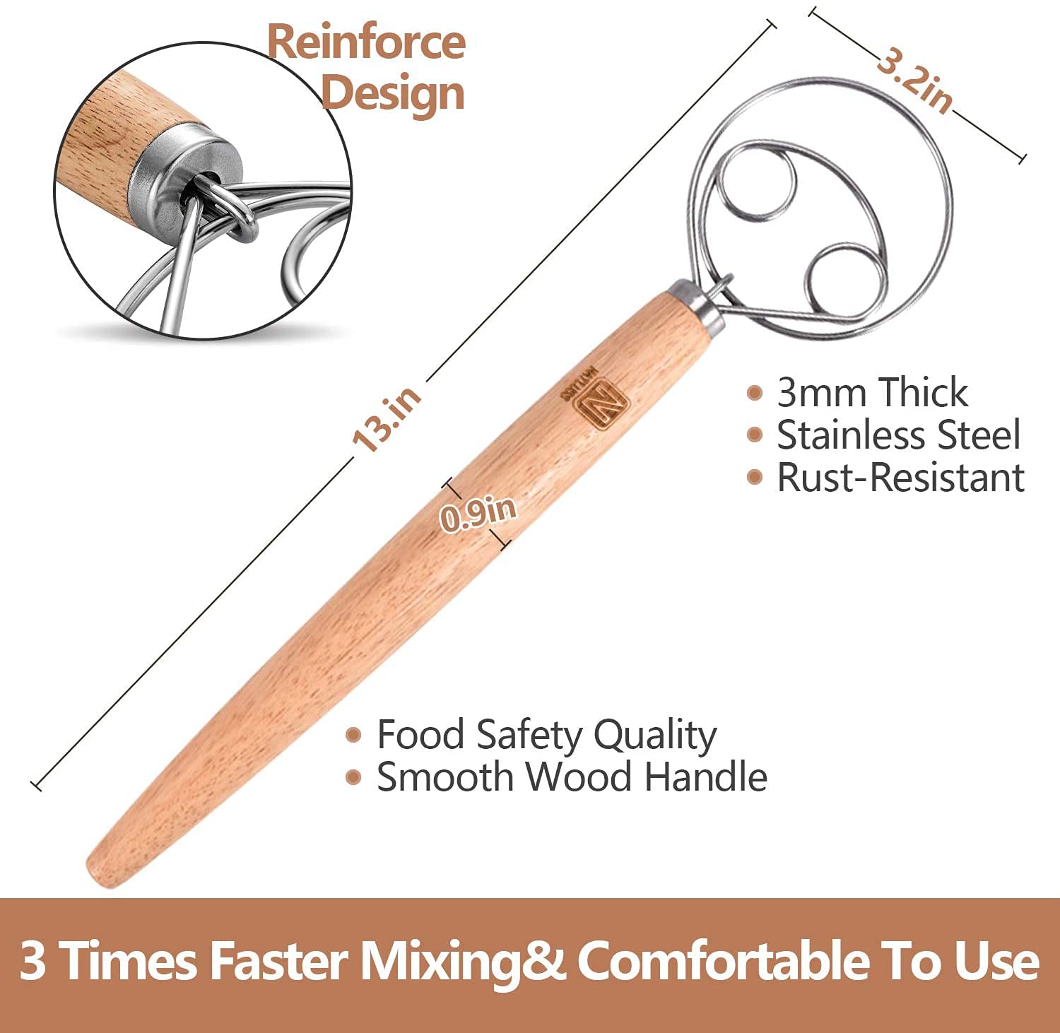 Natluss Original Danish Dough Whisk Dutch Style 13" Stainless Steel Large Wooden Hand Dough Mixer Baking Tool For Bread, Batter, Cake, Pastry, Pancake mixer, Cookie Dough Mixer For Cooking and Baking