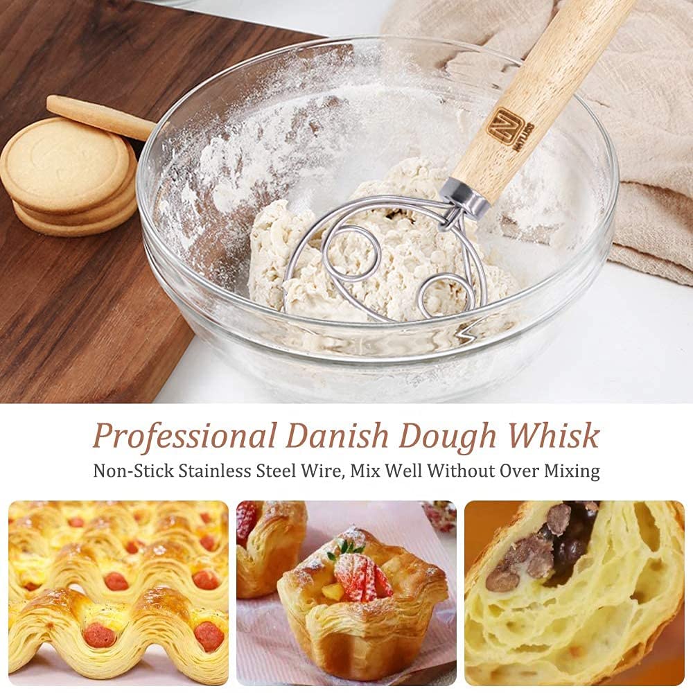 Natluss Original Danish Dough Whisk Dutch Style 13" Stainless Steel Large Wooden Hand Dough Mixer Baking Tool For Bread, Batter, Cake, Pastry, Pancake mixer, Cookie Dough Mixer For Cooking and Baking