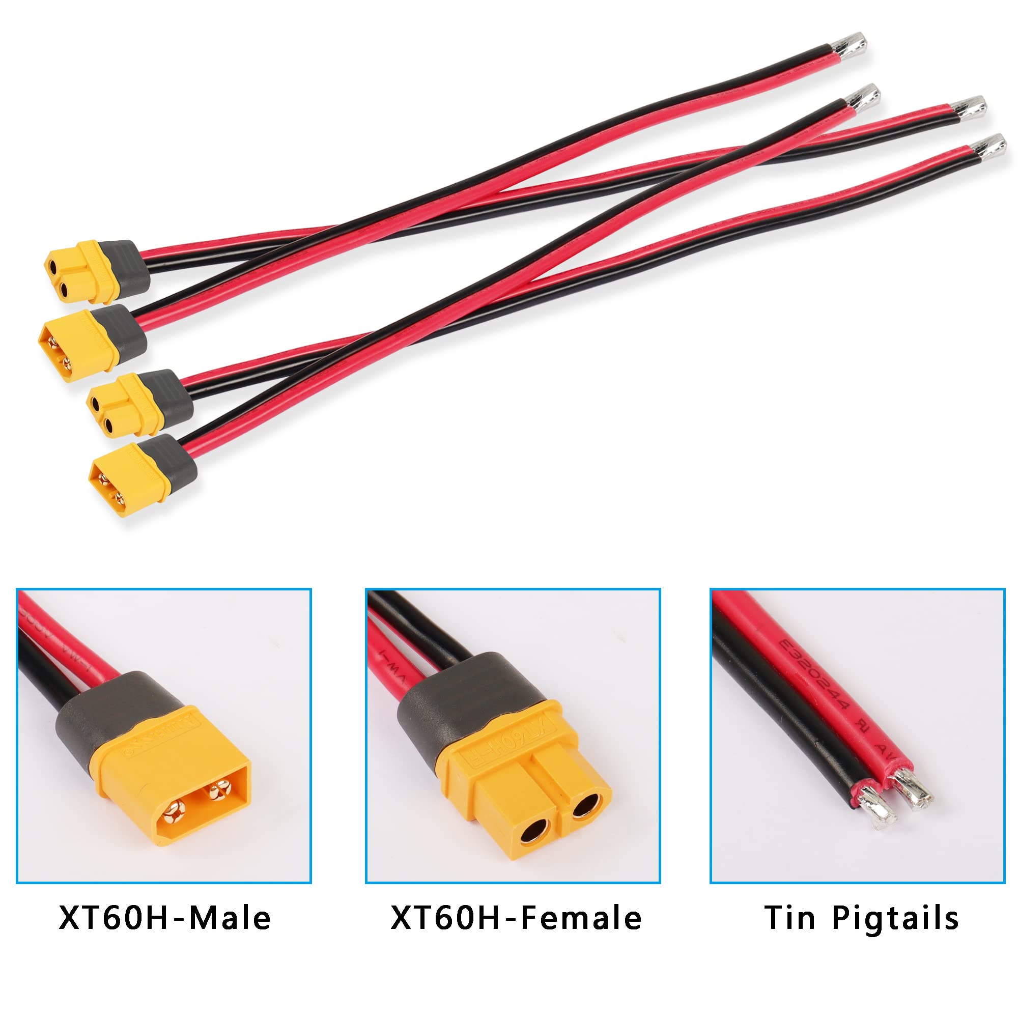 GINTOOYUN 2 Pairs XT60H Plug Male Female Connector Pigtails Cable 1Ft 12AWG 4 Pcs XT60H-M XT60H-F Extension Cable for RC Lipo Battery FPV Drone 30CM