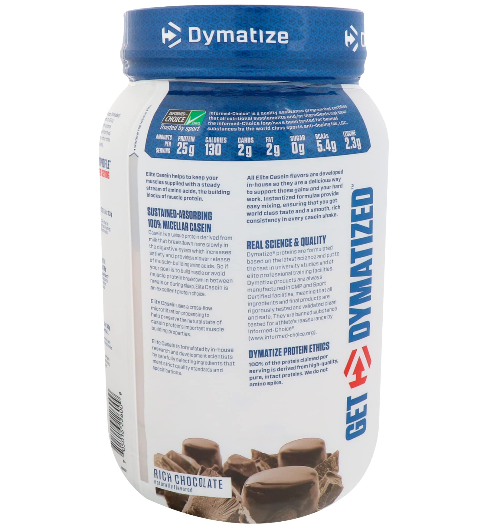 Dymatize Elite Casein Protein Powder, Slow Absorbing with Muscle Building Amino Acids, 100% Micellar Casein, 25g Protein, 5.4g BCAAs & 2.3g Leucine, Helps Overnight Recovery, Rich Chocolate, 2 Pound