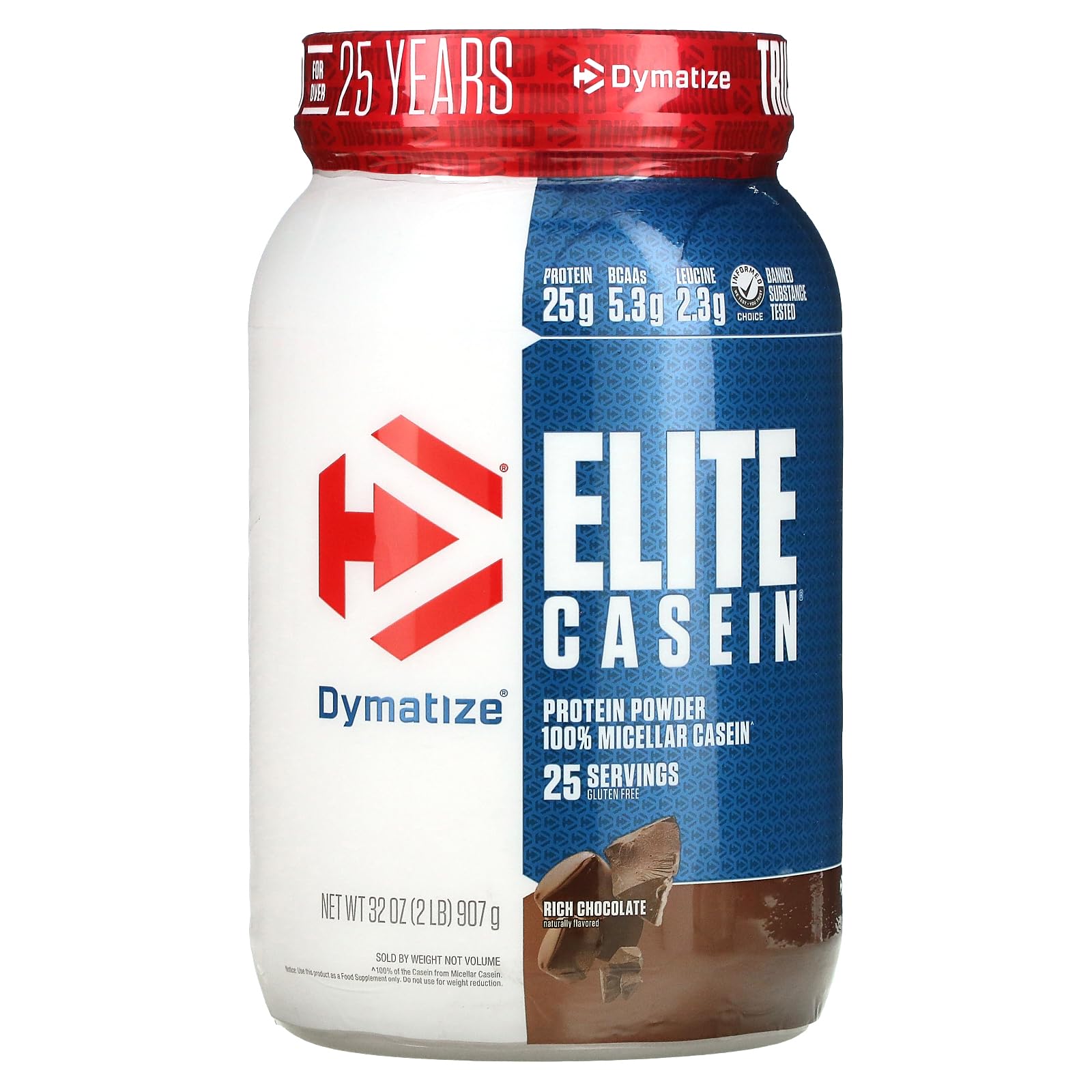 Dymatize Elite Casein Protein Powder, Slow Absorbing with Muscle Building Amino Acids, 100% Micellar Casein, 25g Protein, 5.4g BCAAs & 2.3g Leucine, Helps Overnight Recovery, Rich Chocolate, 2 Pound
