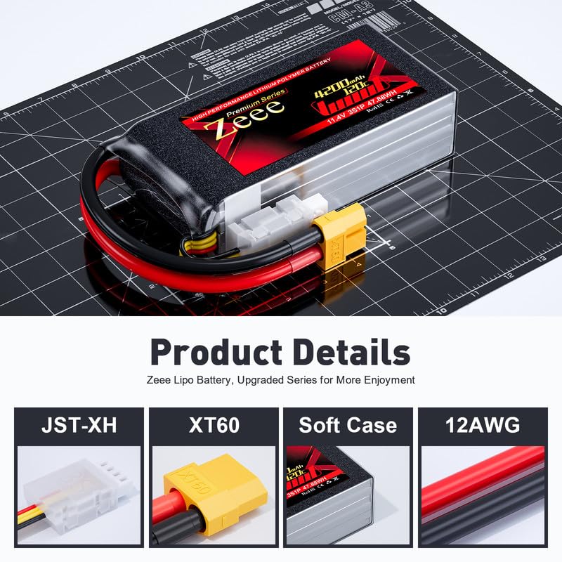 Zeee Premium Series 3S Lipo Battery 4200mAh 11.4V High Voltage Shorty Battery 120C with XT60 Plug Soft Case HV Lipo Compatible with Rock Crawler Helicopter Airplane Drone Boat Racing Models(2 Pack)
