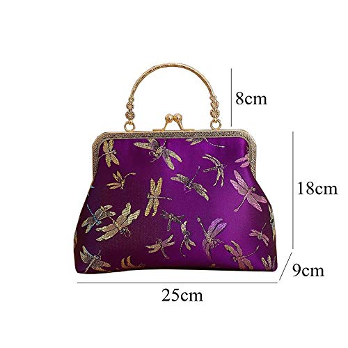 Handmade Retro Floral Print Satin Clutch Bag Vintage Women Dress Evening Wedding Clasp Frame Purse Top Handle Party Handbag (Purple Fly Print)
