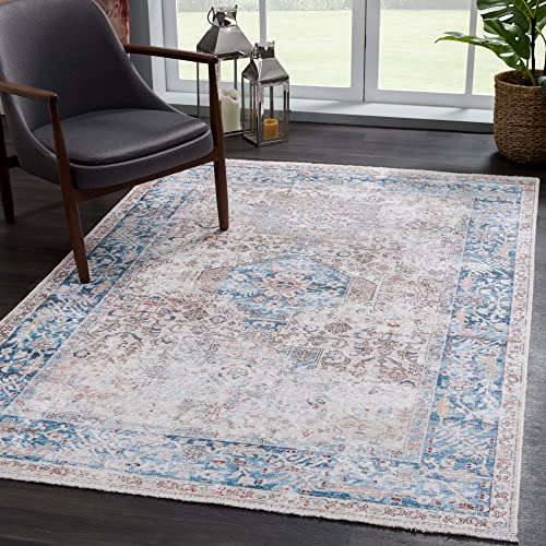 Bloom Rugs Caria Washable Non-Slip 9x12 Rug - Beige/Ocean Blue Traditional Area Rug for Living Room, Bedroom, Dining Room, and Kitchen - Exact Size: 9' x 12'