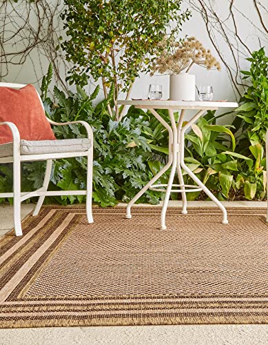 Unique Loom Outdoor Border Collection Area Rug - Multi Border (9' x 12' Rectangle, Light Brown/ Brown)
