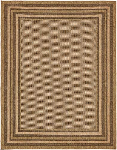 Unique Loom Outdoor Border Collection Area Rug - Multi Border (9' x 12' Rectangle, Light Brown/ Brown)