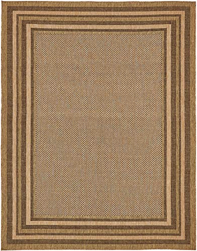 Unique Loom Outdoor Border Collection Area Rug - Multi Border (9' x 12' Rectangle, Light Brown/ Brown)