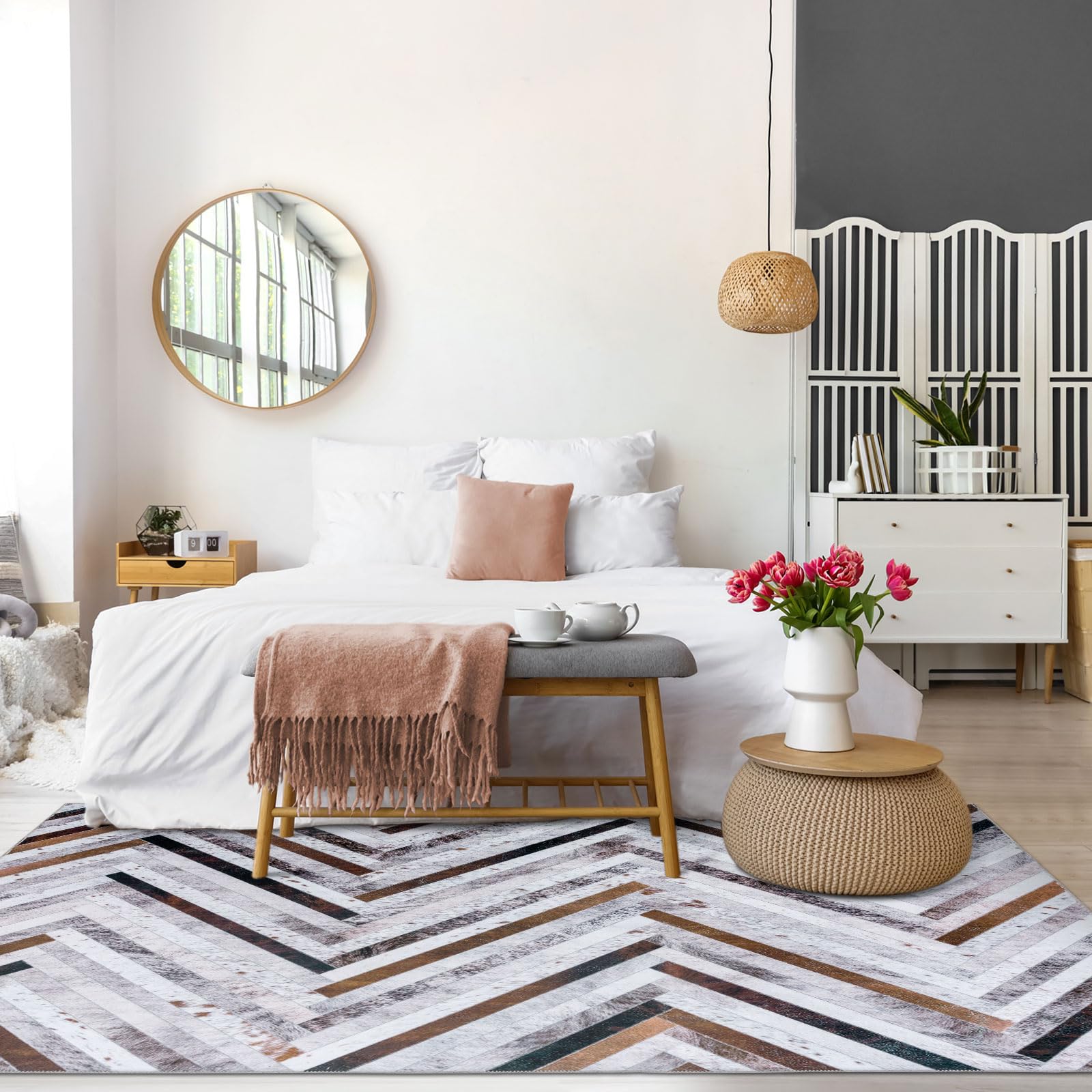 DECOMALL Coronado 9x12 Area Rugs, Modern Geometric Faux Cowhide Patchwork Rug, Non Slip Carpet for Living Room Bedroom, 9x12ft Multi