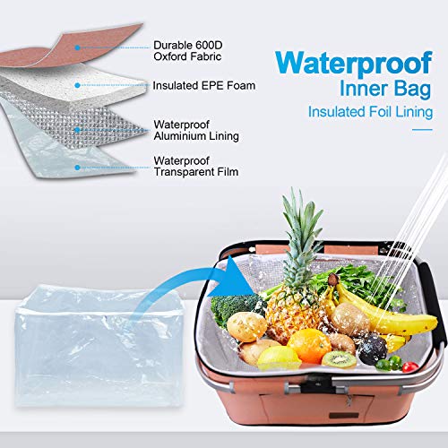 LIQING 35L Large Picnic Basket, Shopping, Travel, Camping Grocery Bags, 2 Layers of Internal Pockets Leak-Proof and Insulated, Folding, Internal Support Does Not Collapse